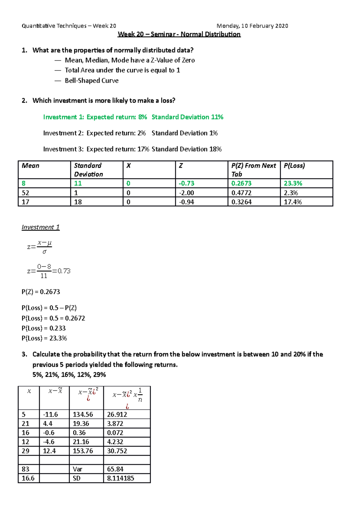 QT - Seminar - Week 20 - 10:02:2020 - Quantitative Techniques – Week 20 Monday, 10 February 2020 ...