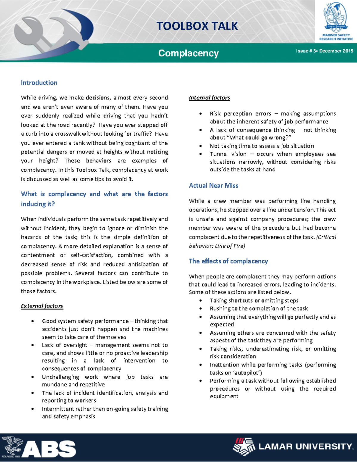 No 5 TBT Complacency - Issue # 5 • December 2015 TOOLBOX TALK ...
