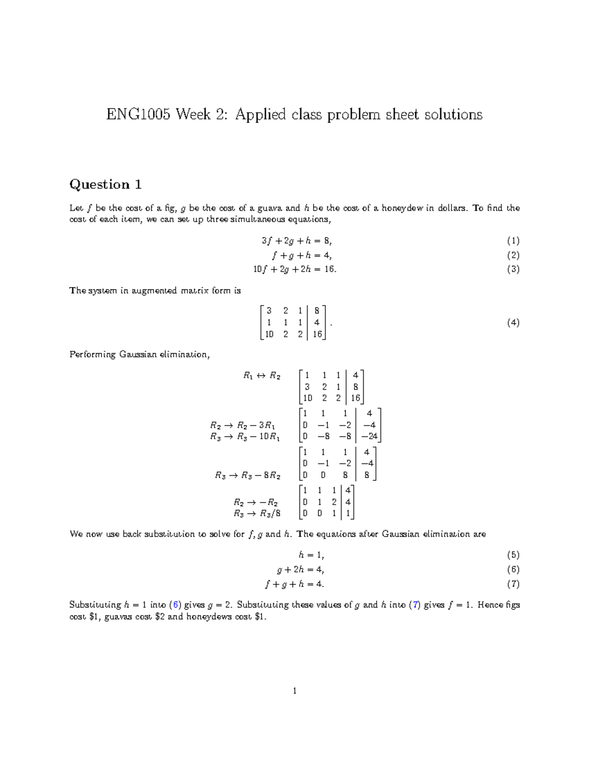 Systems of linear equation (solutions) - ENG1005 Week 2: Applied class problem sheet solutions ...