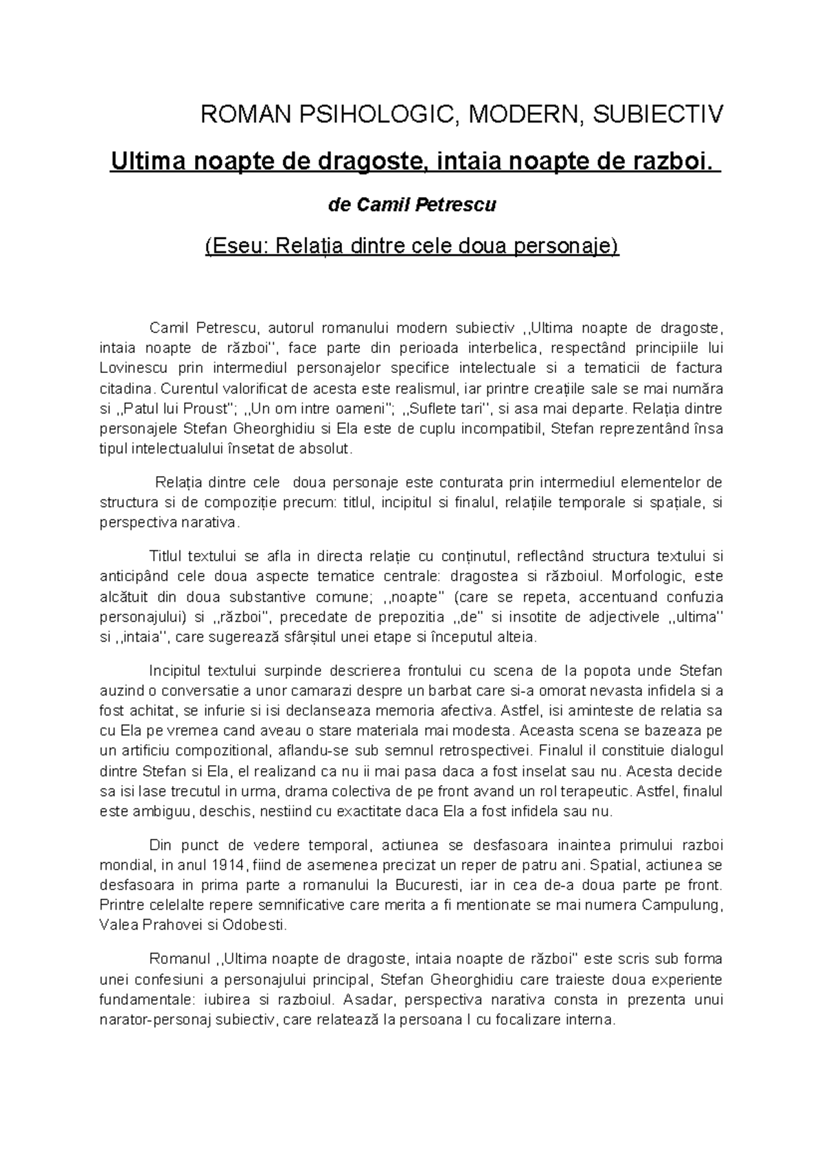 ESEU Relatia dintre doua personaje Ultim - ROMAN PSIHOLOGIC, MODERN, SUBIECTIV Ultima noapte de ...