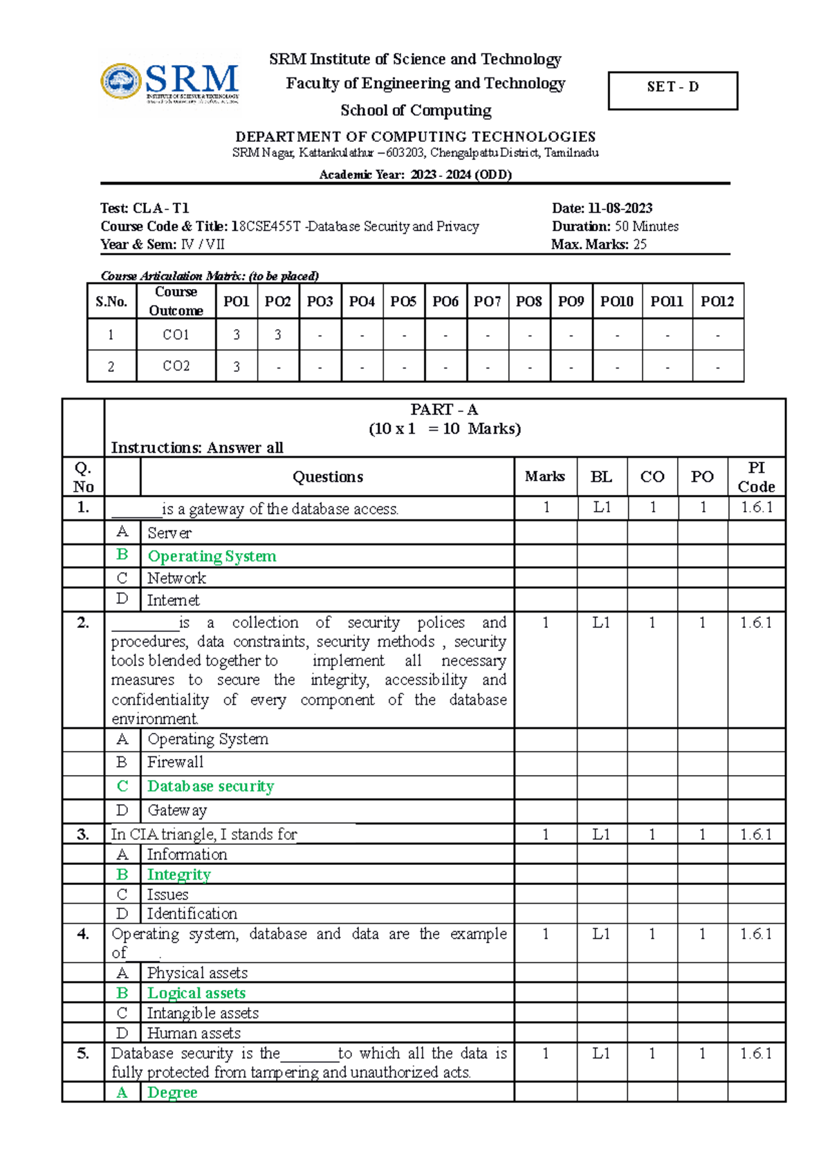 Ct 1 Set D Answer Key Srm Institute Of Science And Technology Faculty Of Engineering And