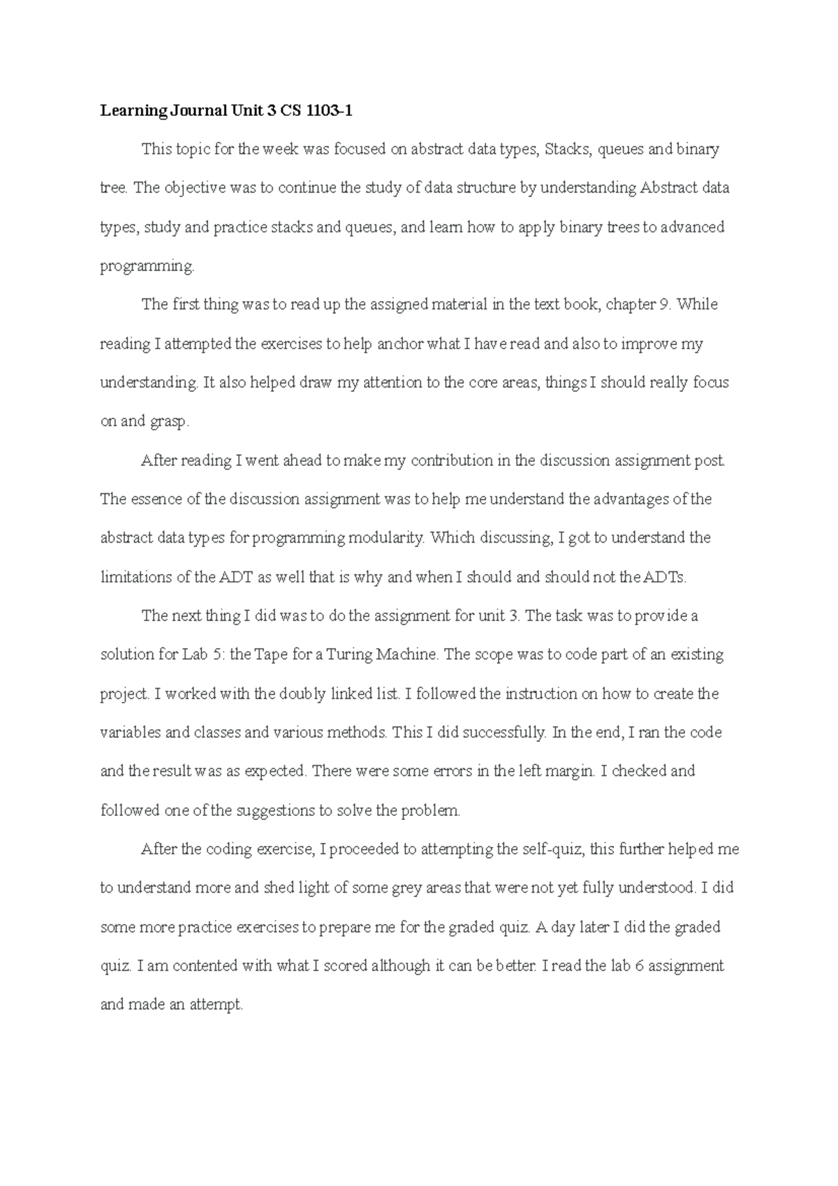 Learning Journal Unit 3 CS 1103 - Learning Journal Unit 3 CS 1103- This ...