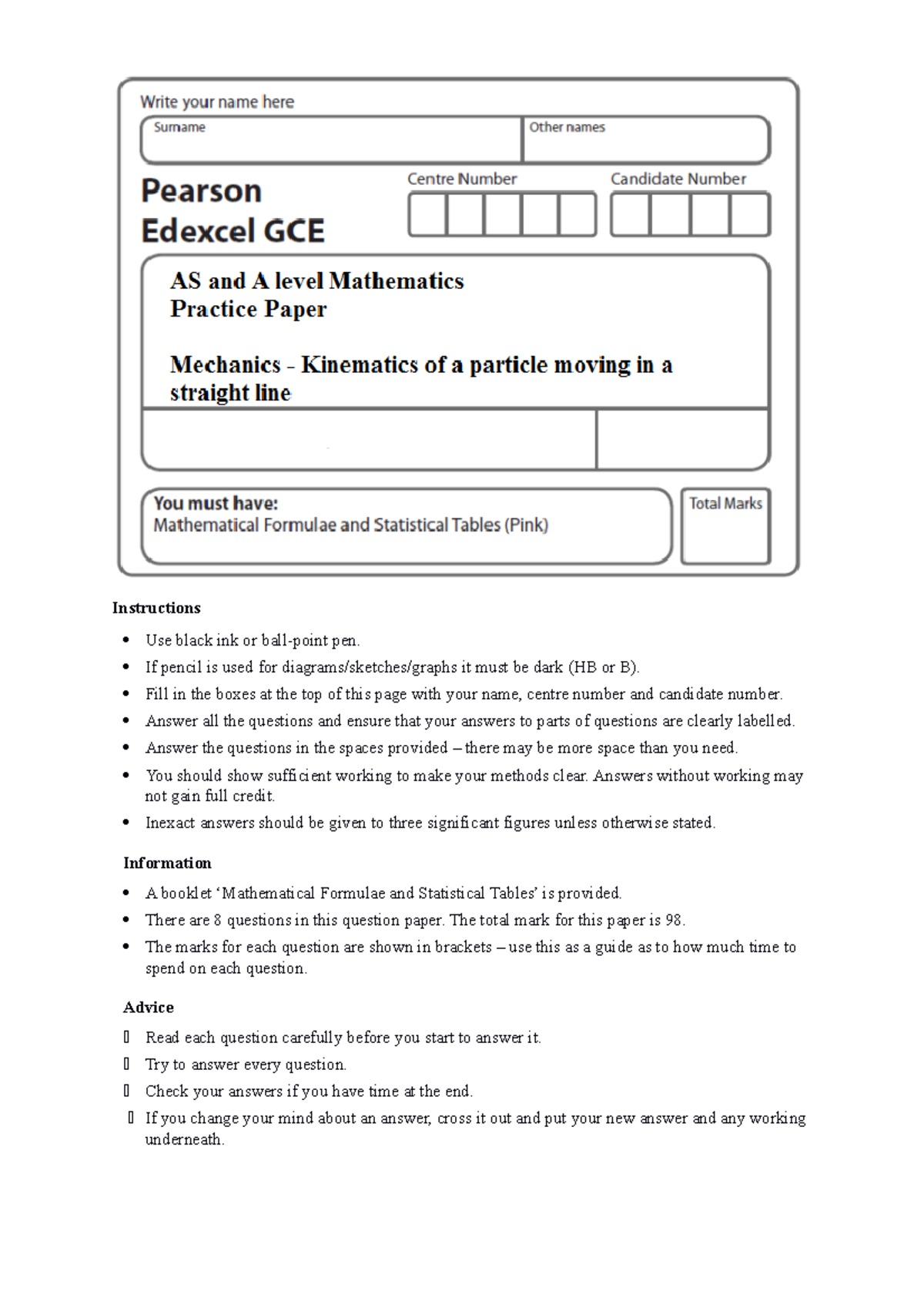AS Mathematics Practice Paper Kinematics of a particle part 2 ...