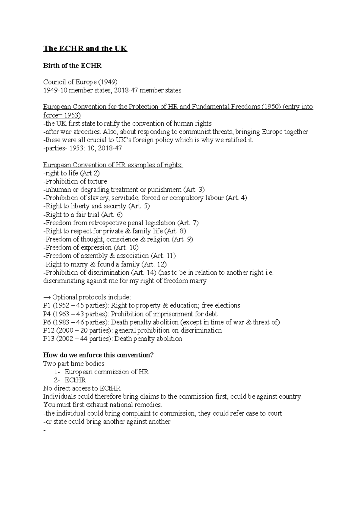 The ECHR and the UK - lecture notes and reading - The ECHR and the UK ...