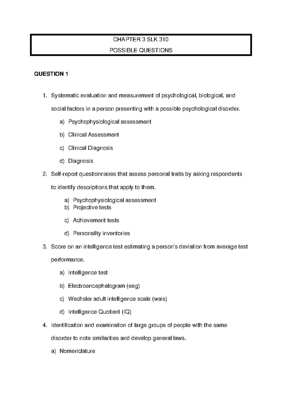 Chapter 3 SLK 310 - CHAPTER 3 SLK 310 POSSIBLE QUESTIONS QUESTION 1 Systematic evaluation and ...