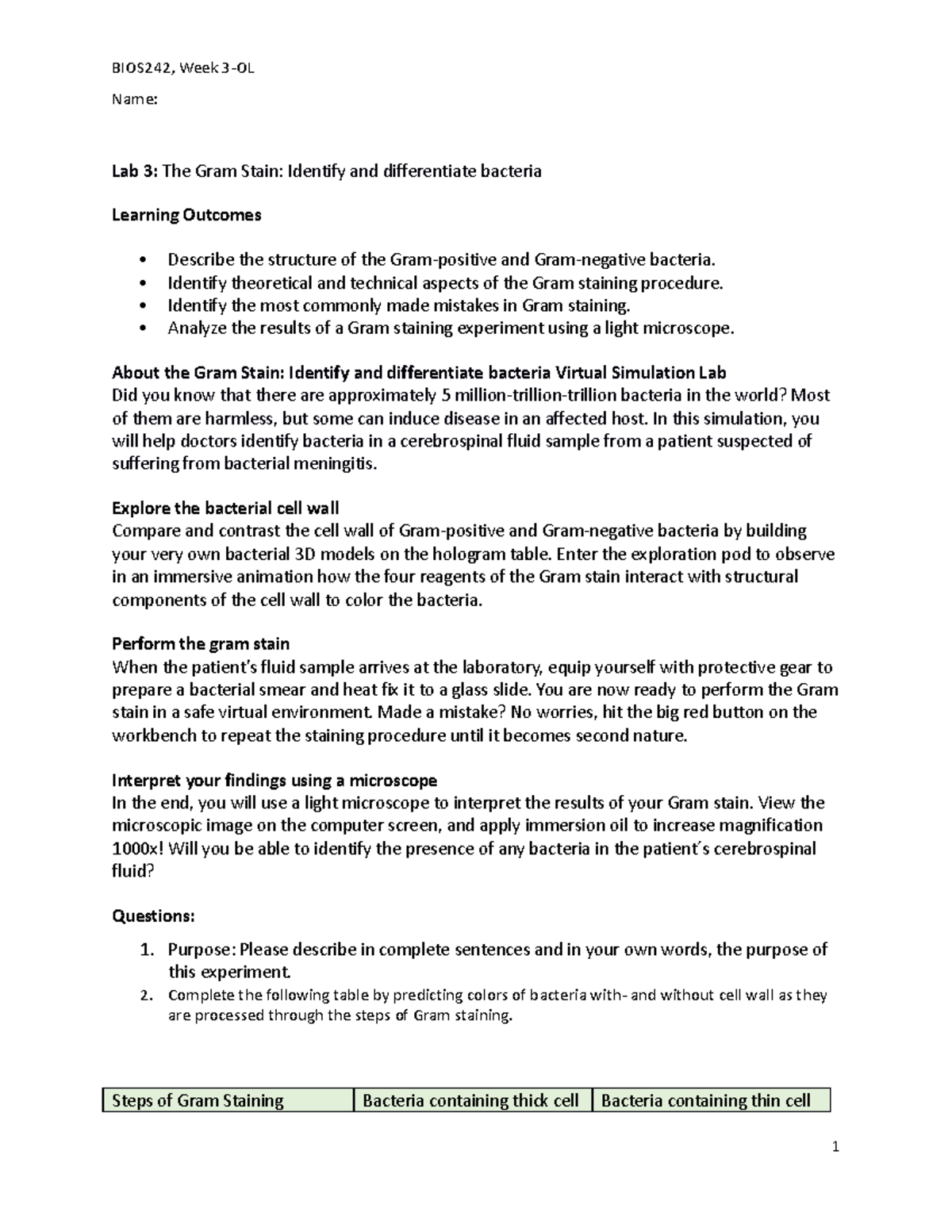 OL Gram staining - lab safety worksheet - BIOS242, Week 3-OL Name: Lab ...