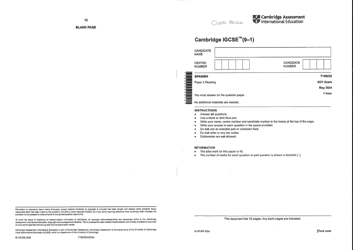 Spanish Reading - lalalallaalala - 12 Cambridge Assessment Ciara PRioux ...