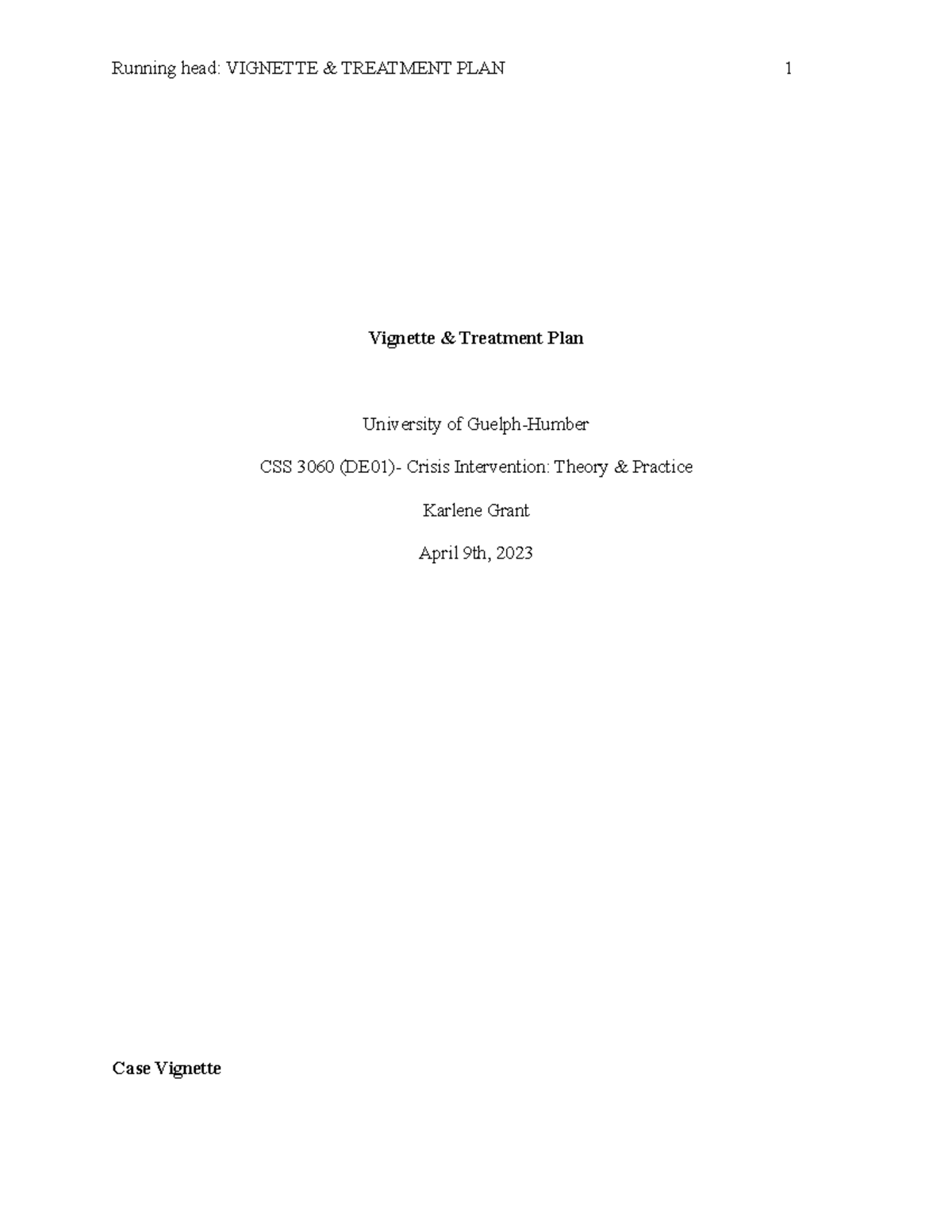 CSS 3060- Vignette and Treatment Plan - Running head: VIGNETTE ...