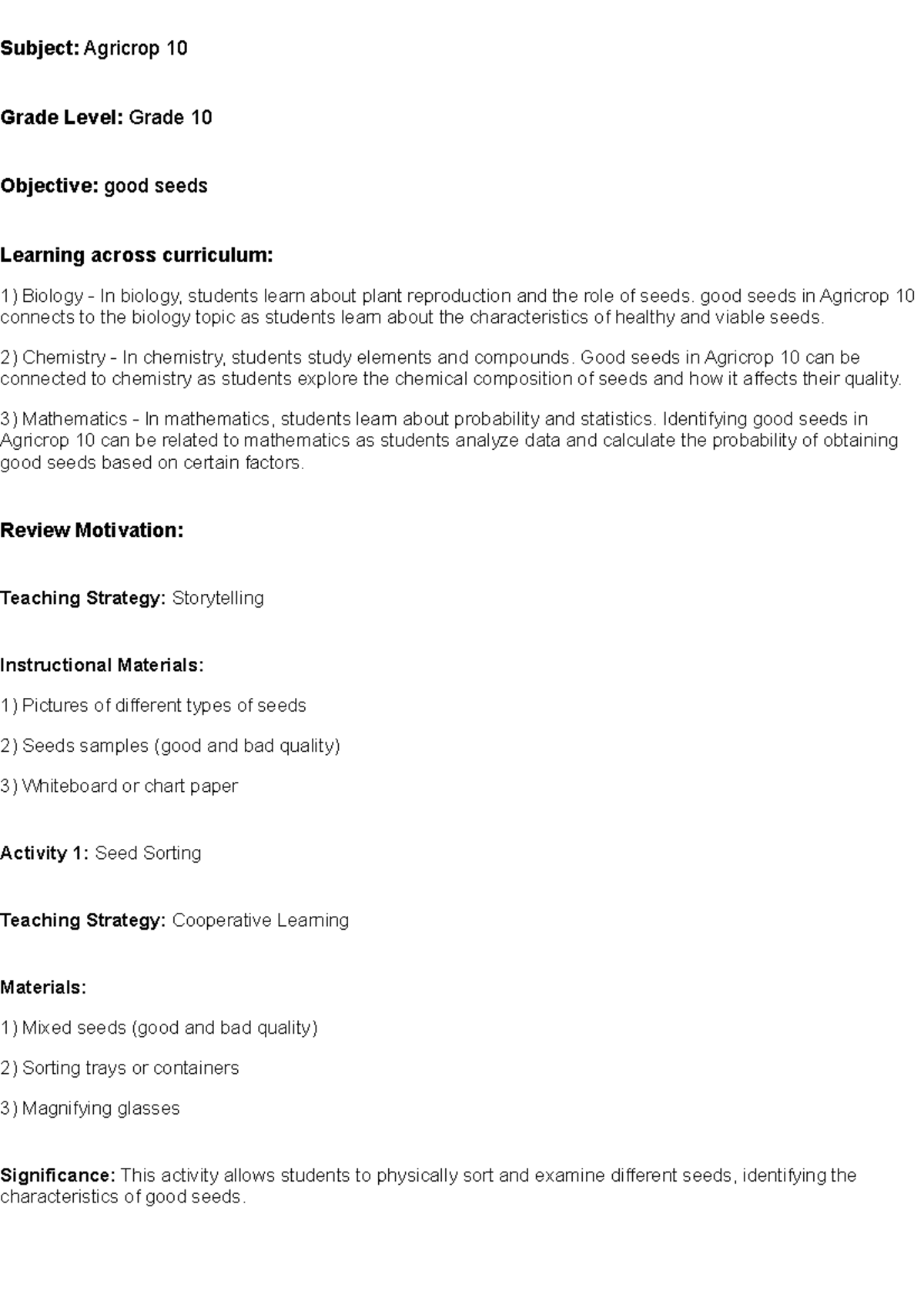Lesson plan (44) - Agricultural crop production grade 10 - Subject ...