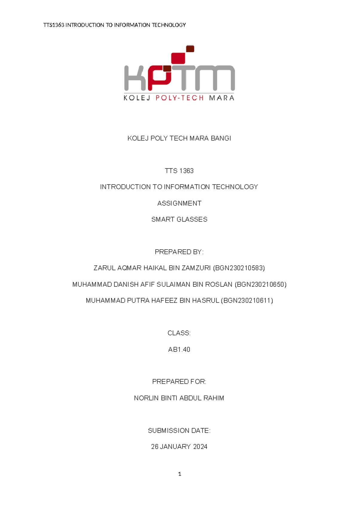 TTS Assignment - KOLEJ POLY TECH MARA BANGI TTS 1363 INTRODUCTION TO INFORMATION TECHNOLOGY ...