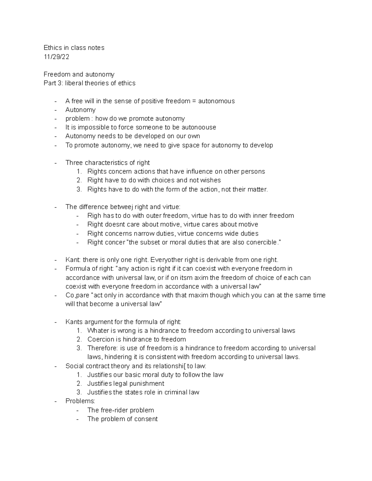 Ethics in class notes - Ethics in class notes 11/29/ Freedom and ...