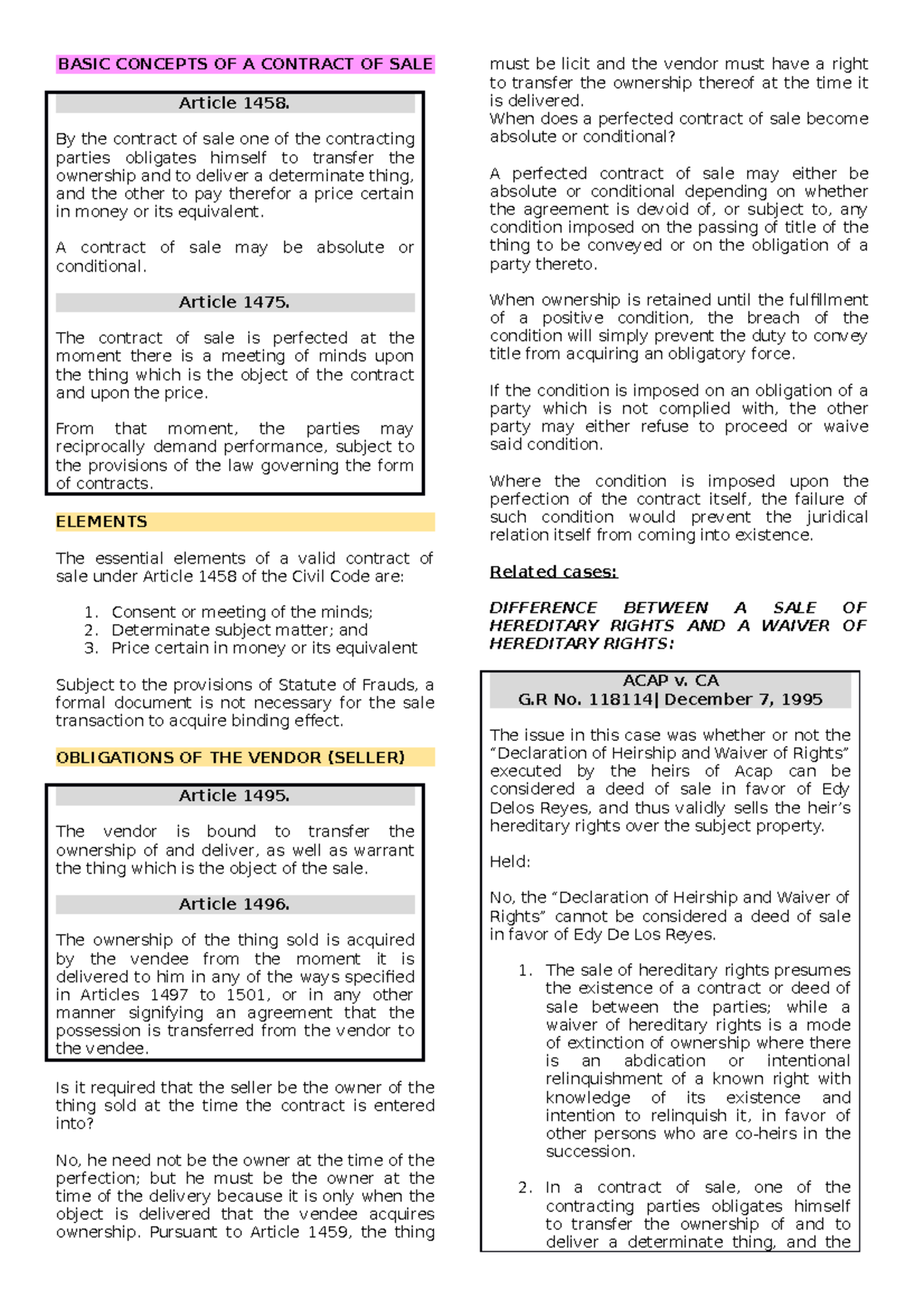 Contract OF SALE notes 1st exam - BASIC CONCEPTS OF A CONTRACT OF SALE ...