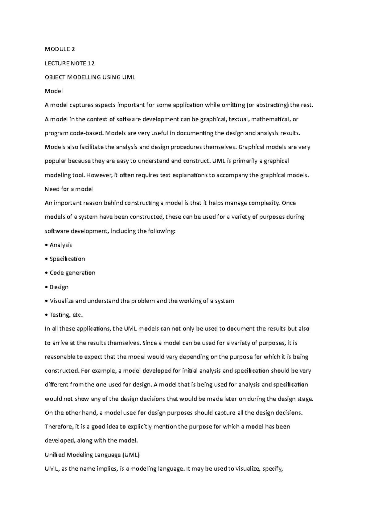 Lecture 12 - MODULE 2 LECTURE NOTE 12 OBJECT MODELLING USING UML Model A model captures aspects ...