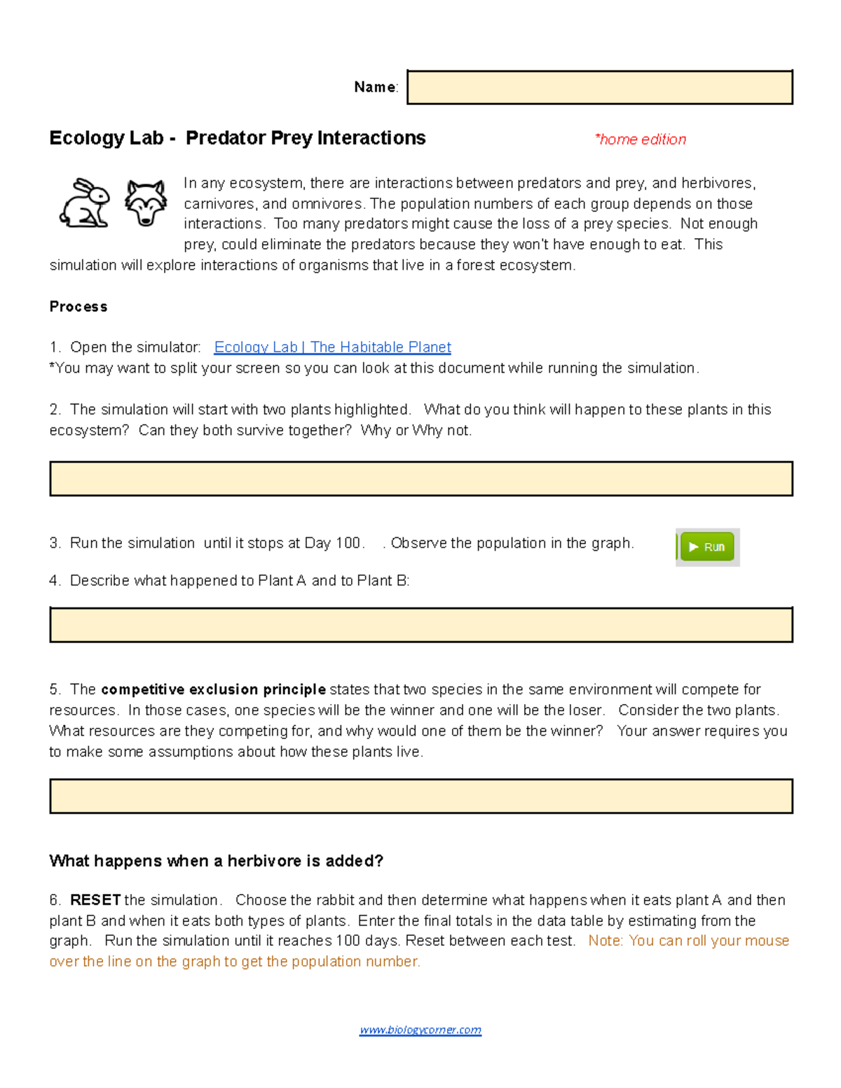 Ecology Lab - Predator Prey Interactions - The population numbers of ...