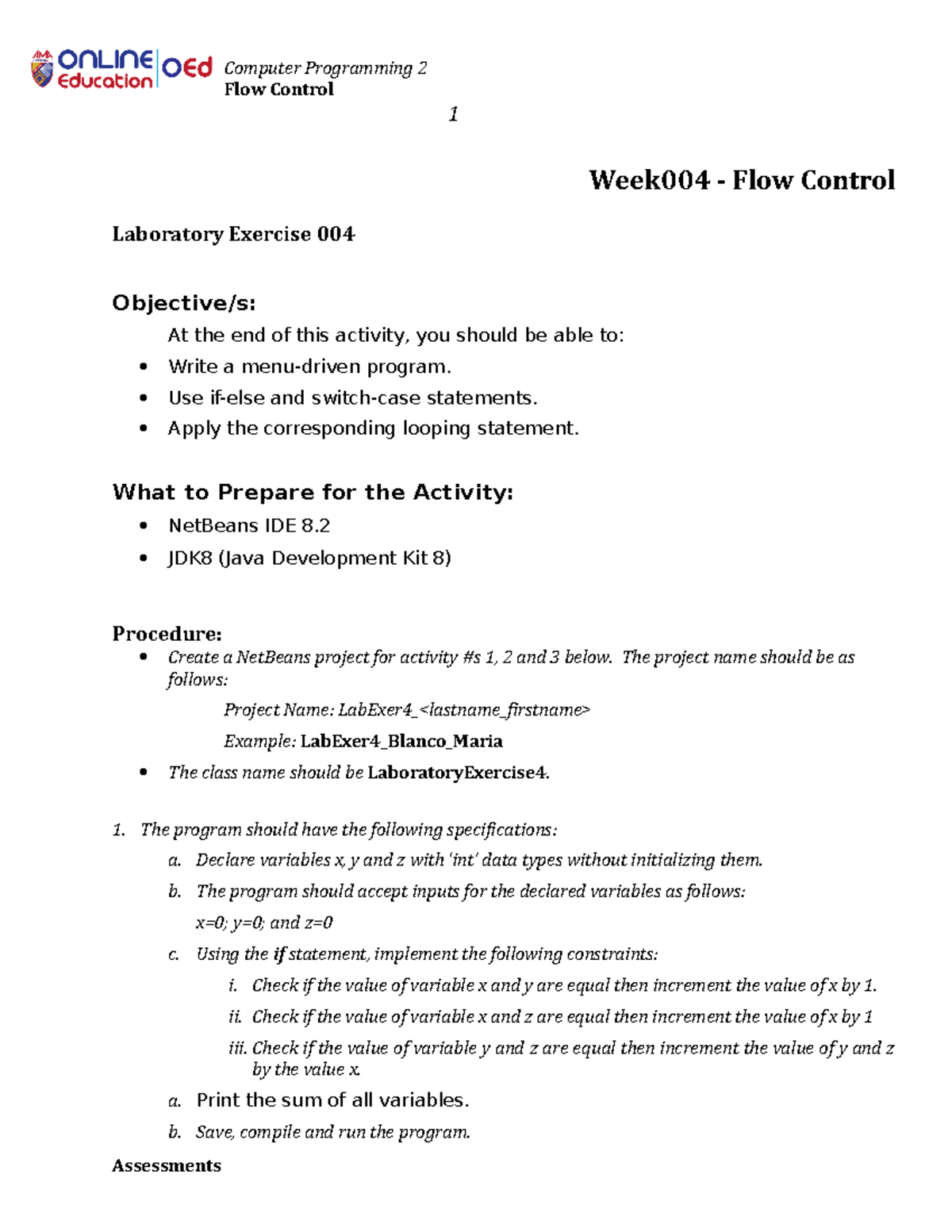 Week004-Lab Ex - course project - Computer Programming 2 Flow Control 1 ...