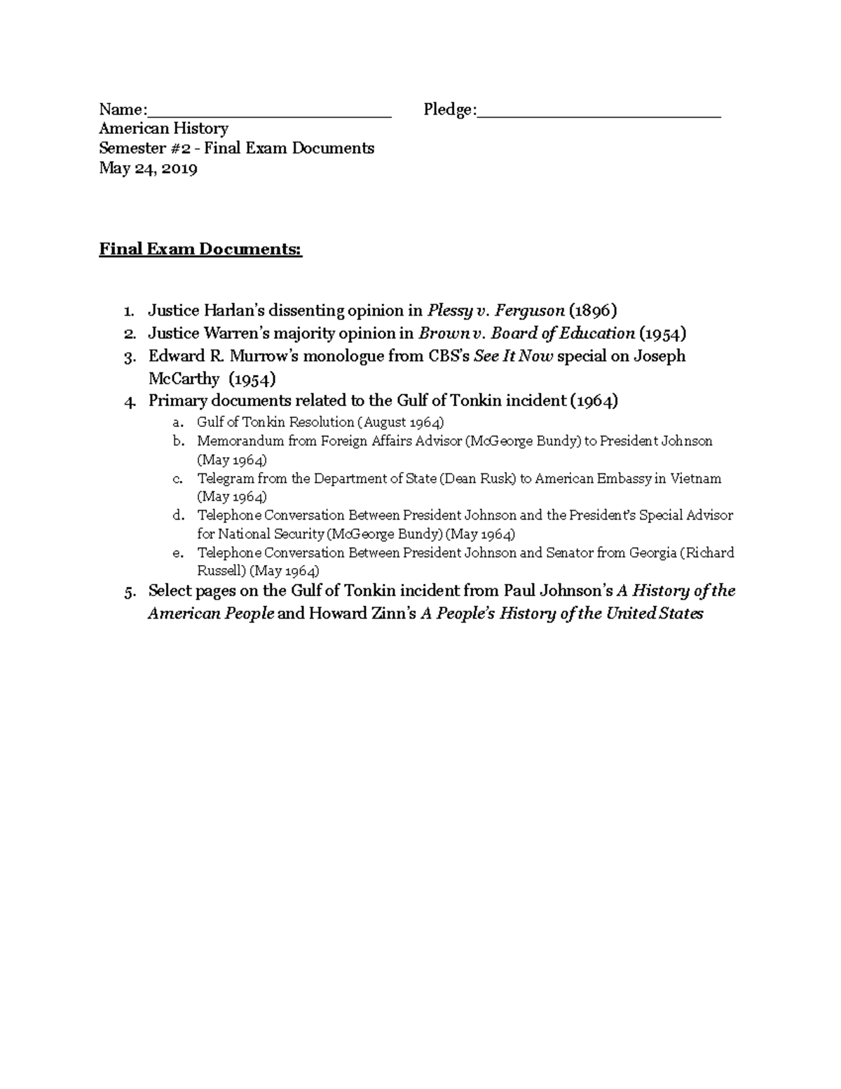 Final Exam - May 2019-7 - American History Semester Final Exam ...