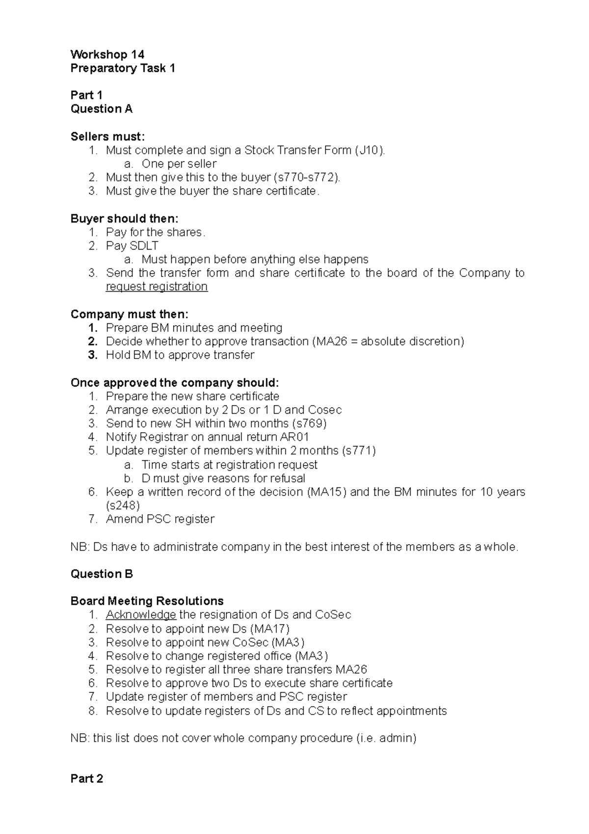 BLP - Share Transfer and Buyback - Tasks - Workshop 14 Preparatory Task 1 Part 1 Question A ...