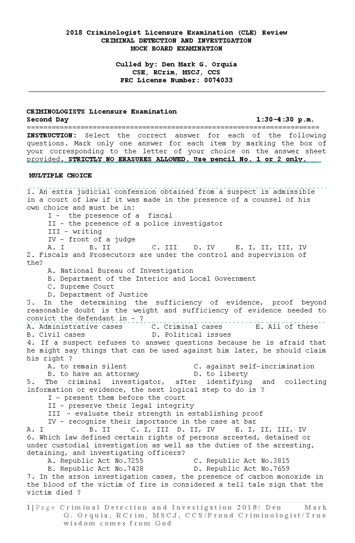 Cdi mock board exam 2018 - 1 | P a g e C r i m i n a l D e t e c t i o ...