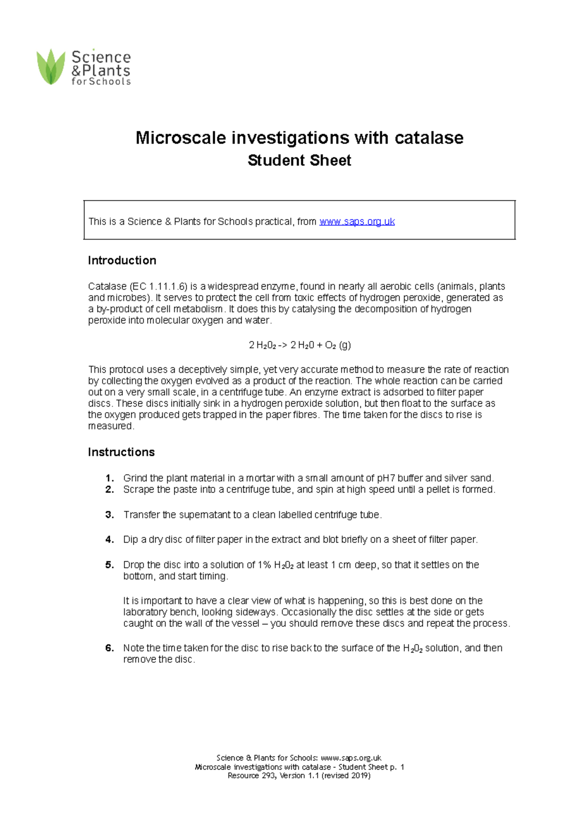 SAPS - Microscale investigations with catalase - Student Sheet ...