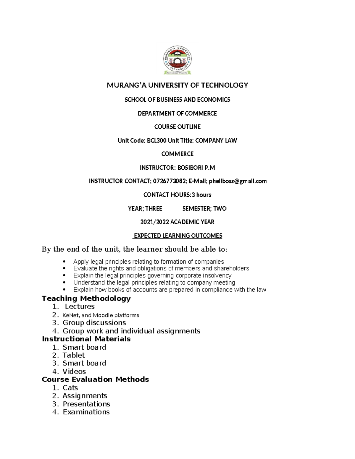 Company LAW Course Outline FOR MUT - MURANG’A UNIVERSITY OF TECHNOLOGY ...
