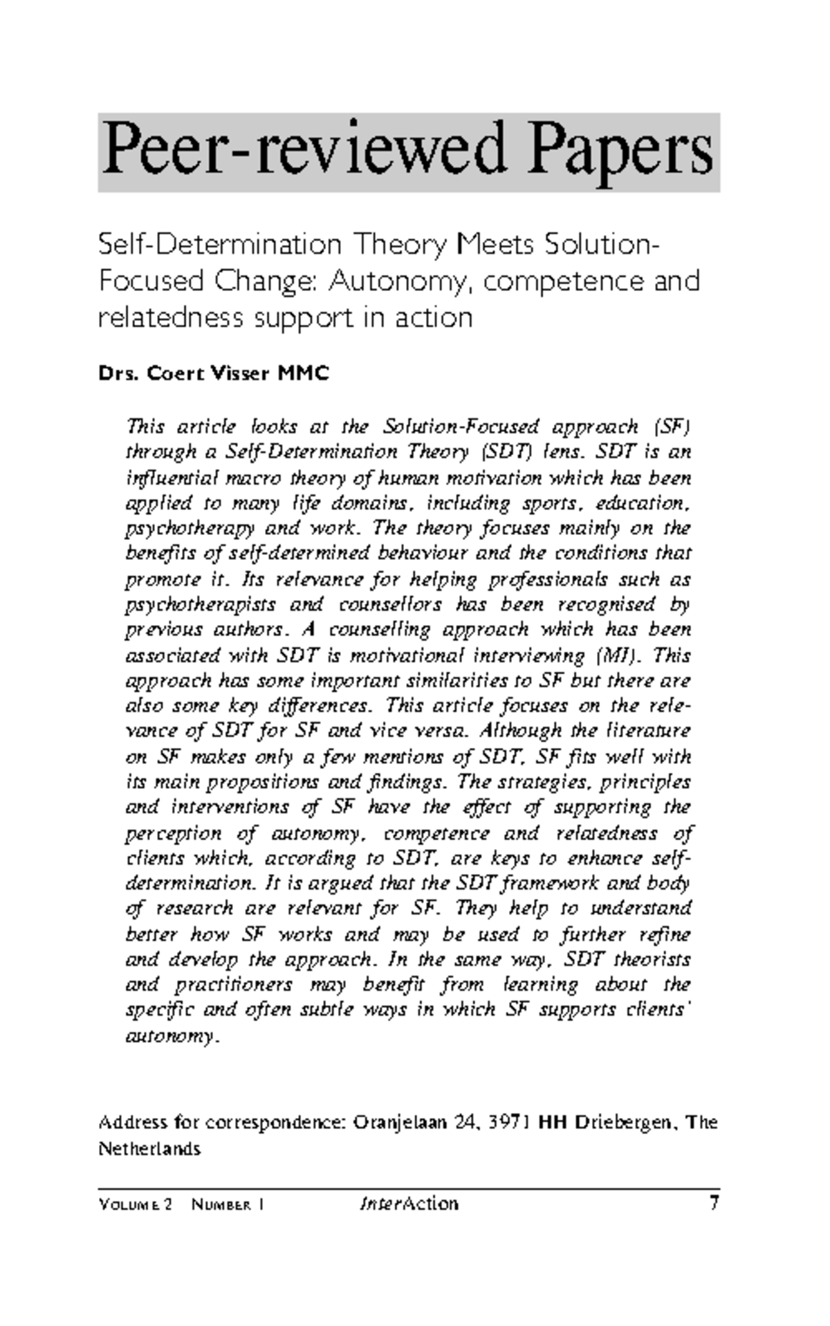 Visser,C. (2010 ) Self Determination Theory meets Solution Focused ...