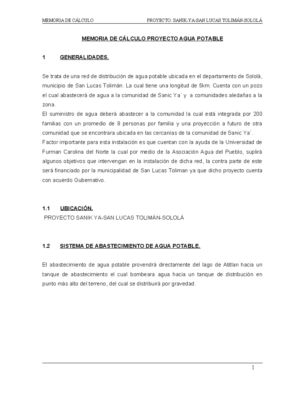 Memoria DE Calculo Proyecto AGUA Potable - MEMORIA DE CÁLCULO PROYECTO AGUA POTABLE 1 ...