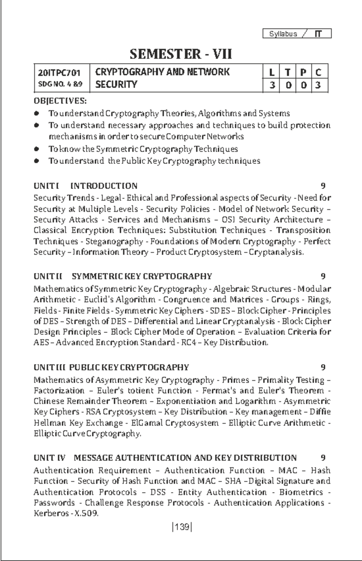 Syllabus - SEMESTER - VII CRYPTOGRAPHY AND NETWORK SECURITY L T P C 3 0 ...
