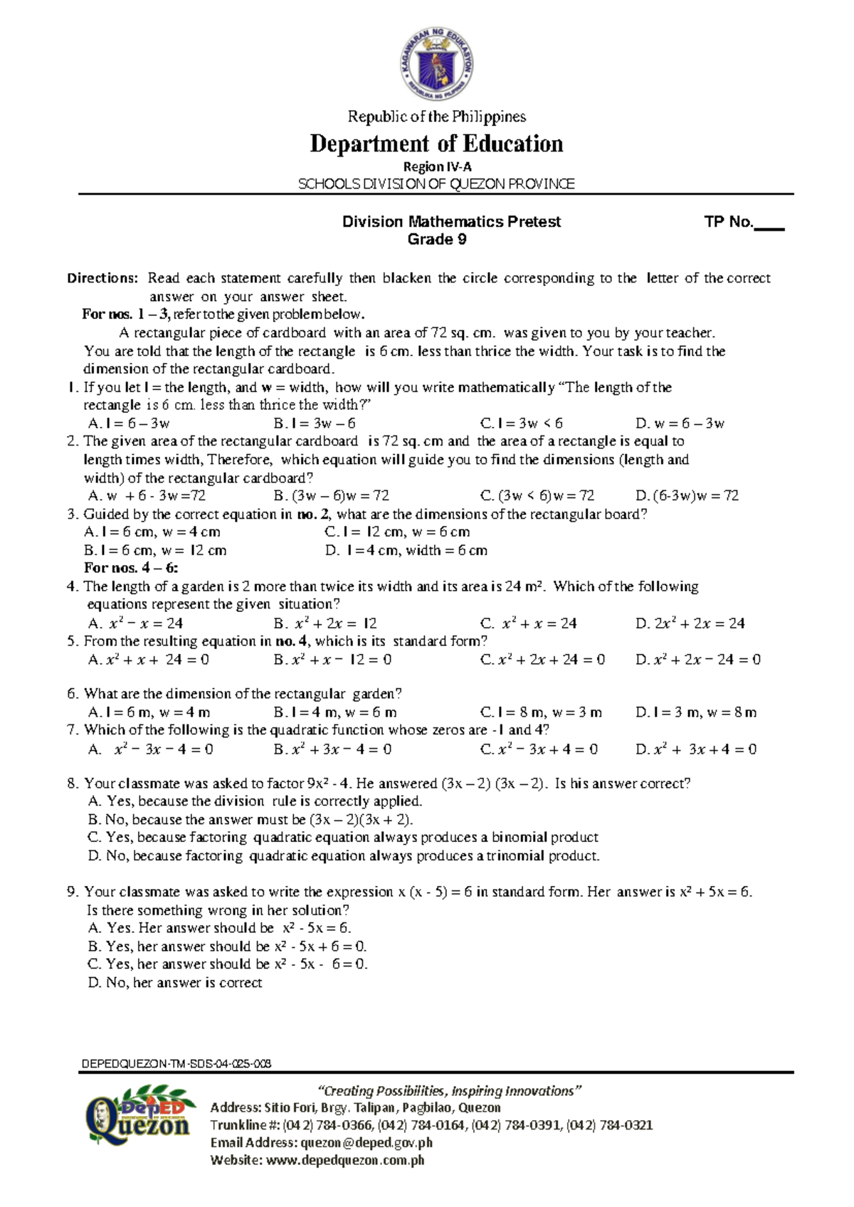 Grade 9 PRE-TEST - Department of Education Region IV-A SCHOOLS DIVISION ...