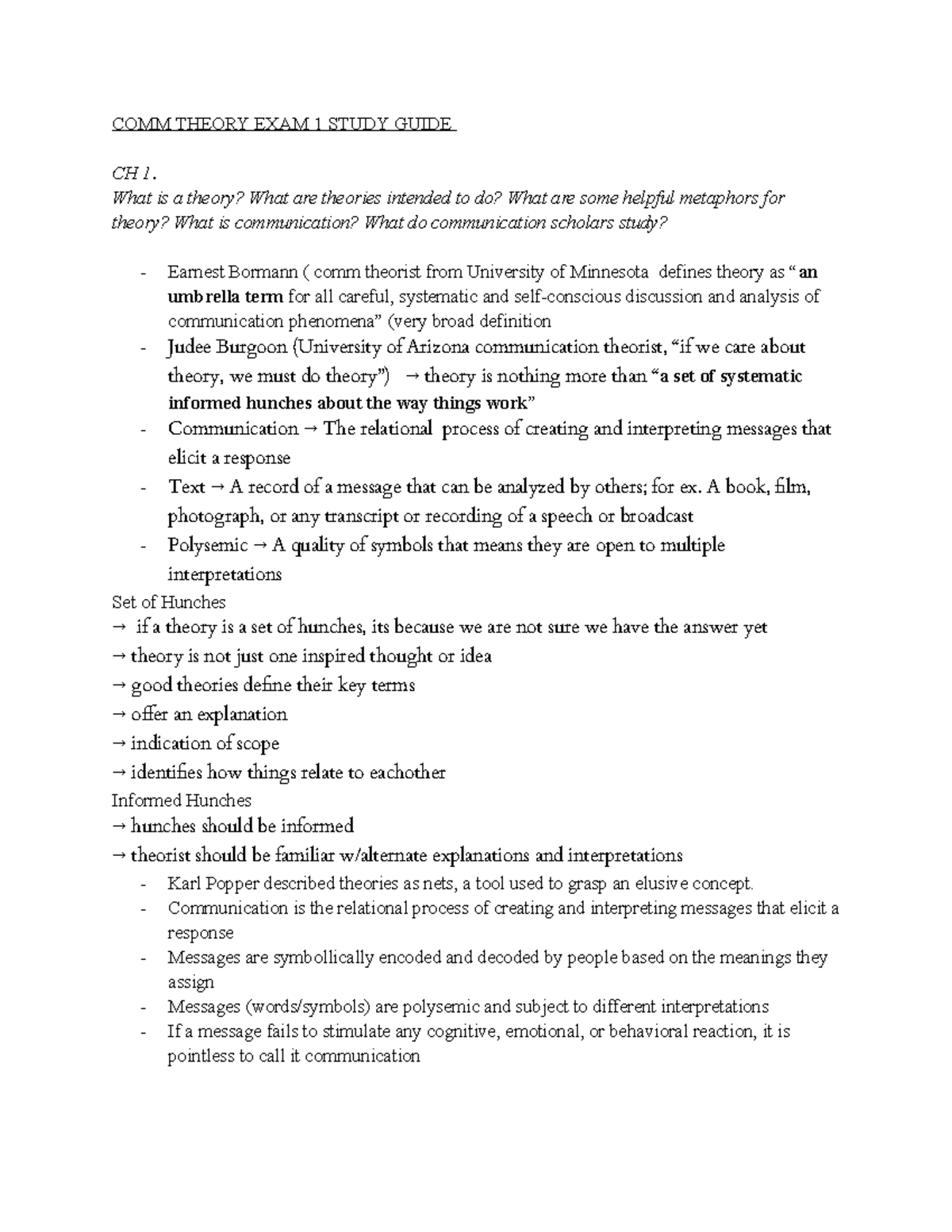 COMM Theory EXAM 1 Study Guide - COMM THEORY EXAM 1 STUDY GUIDE CH 1. What is a theory? What are ...