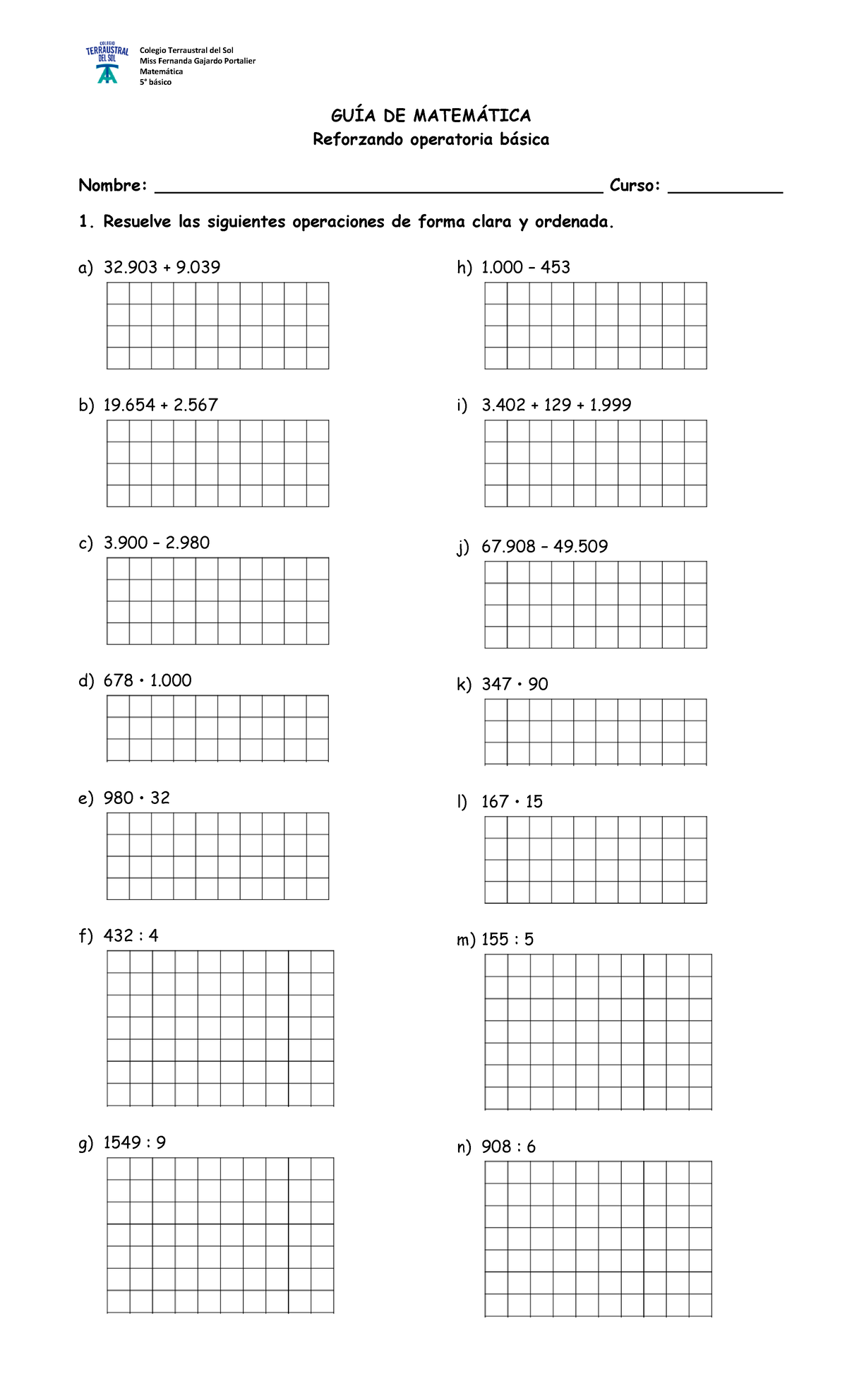 Matemática 5° Básico Guía operatoria básica para reforzar - GUÍA DE ...