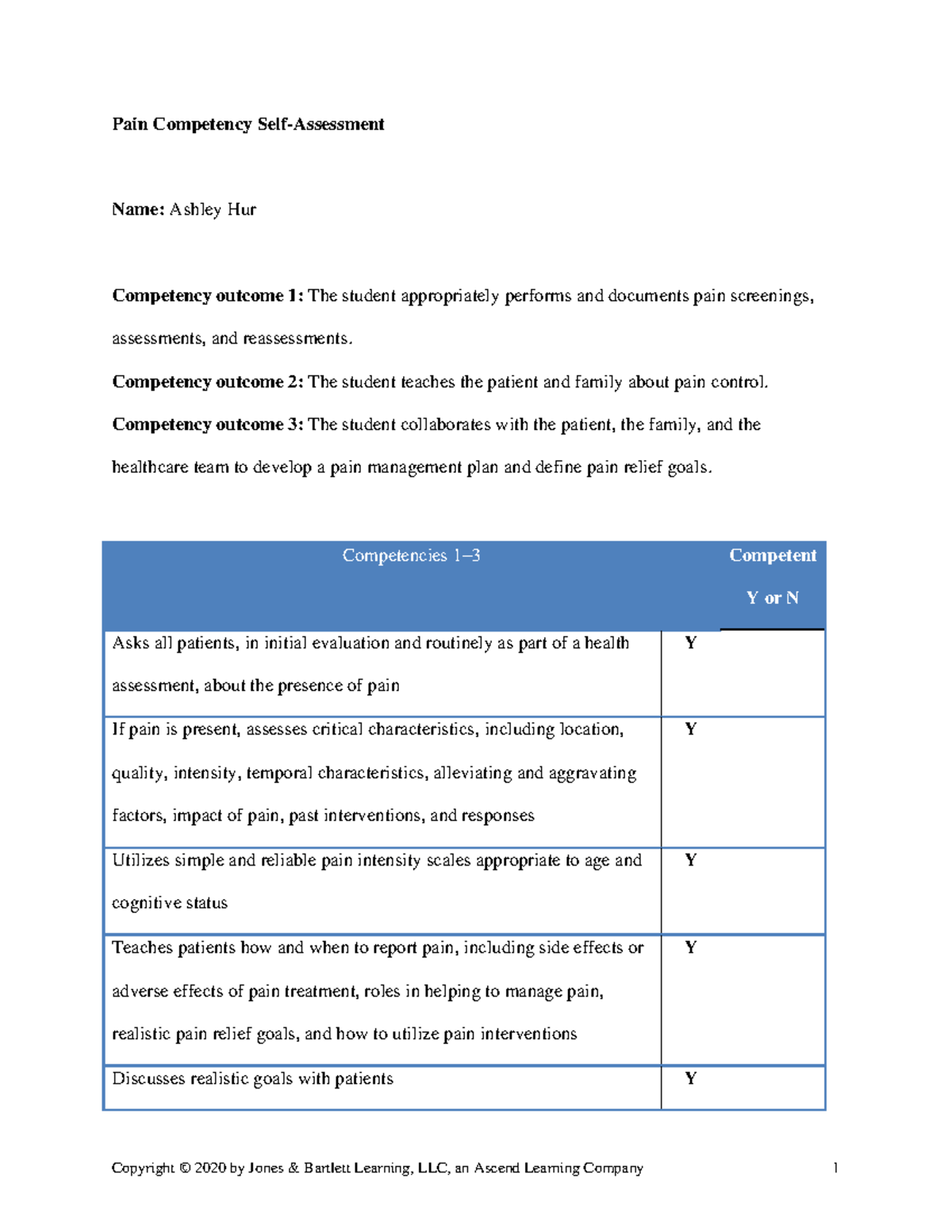 Pain Competency Self-Assessment - Copyright © 2020 by Jones & Bartlett Learning, LLC, an Ascend ...