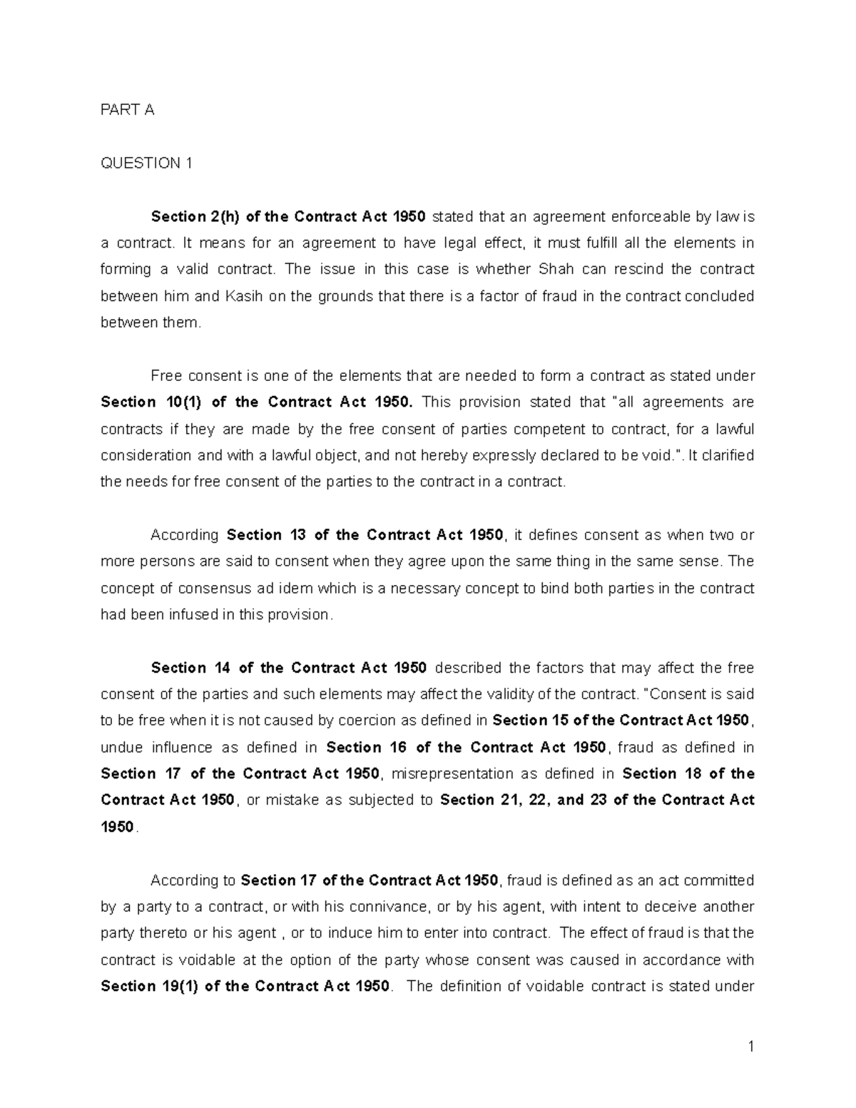 Contract LAW I Final EXAM - PART A QUESTION 1 Section 2(h) of the ...