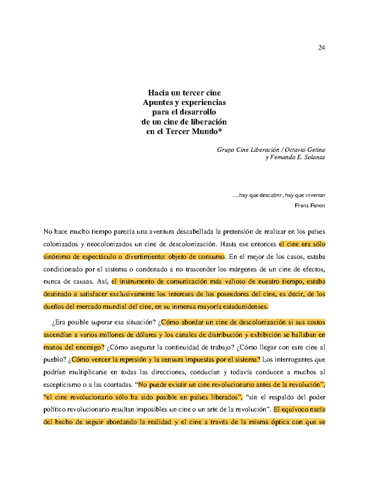 Solanas y Getino Hacia un tercer cine - Hacia un tercer cine Apuntes y ...