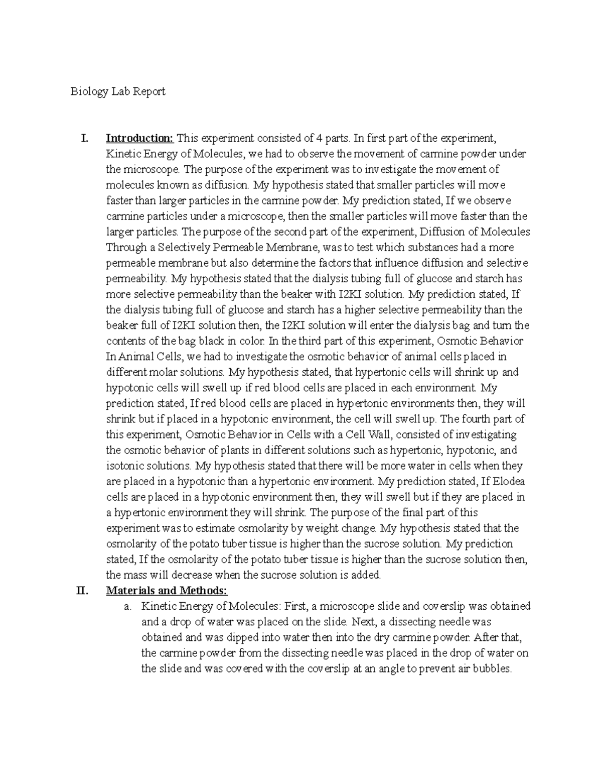 Biology Lab Report #1 Diffusion and Osmosis - Biology Lab Report I ...