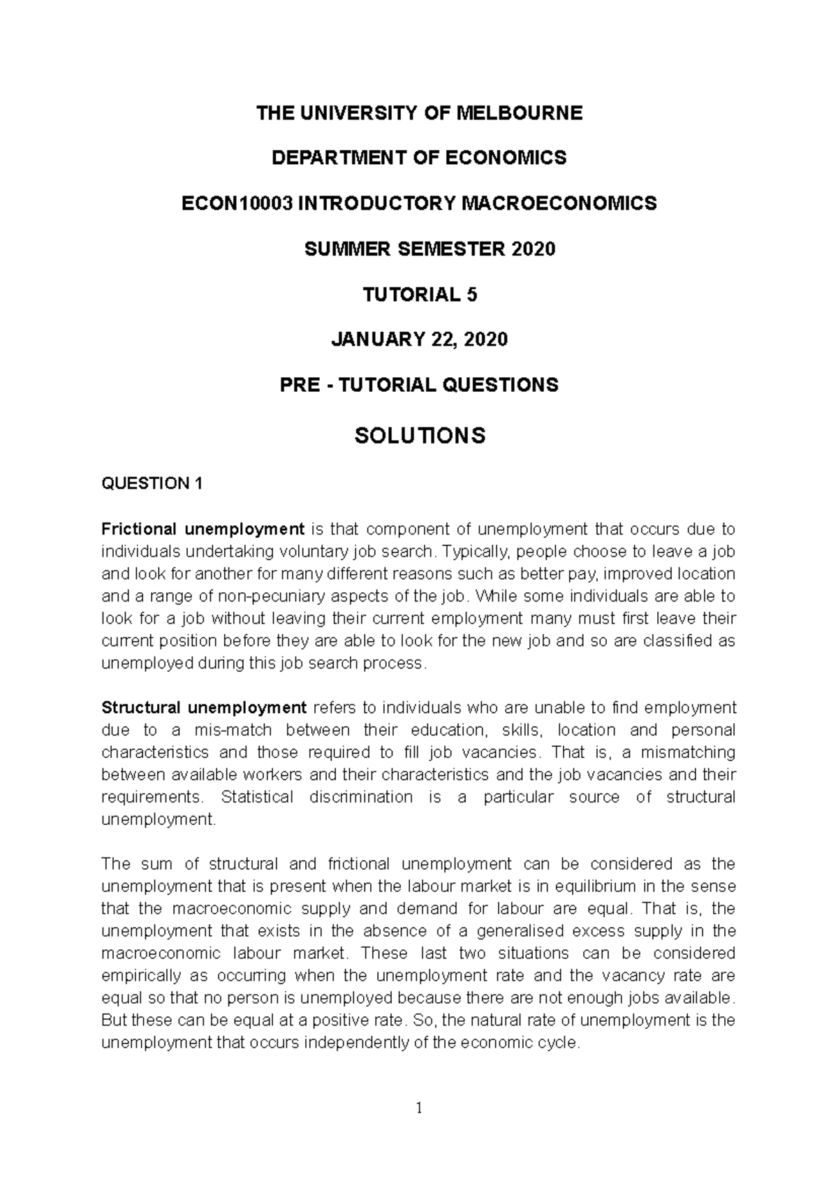Pre-Tutorial Sheet 5 solutions - THE UNIVERSITY OF MELBOURNE DEPARTMENT ...