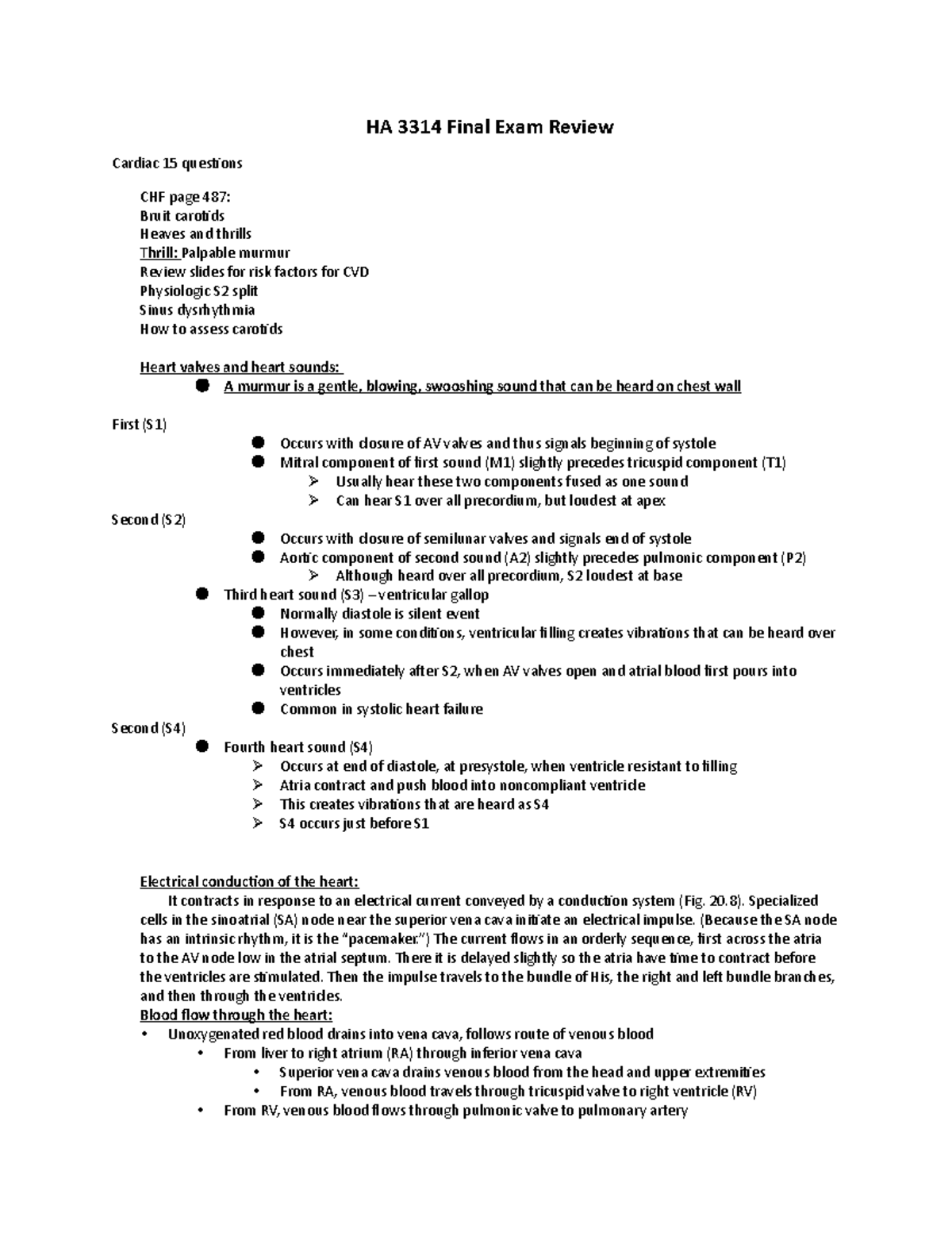 Final HA 3314 Study Guide Fall 2022 - HA 3314 Final Exam Review Cardiac ...
