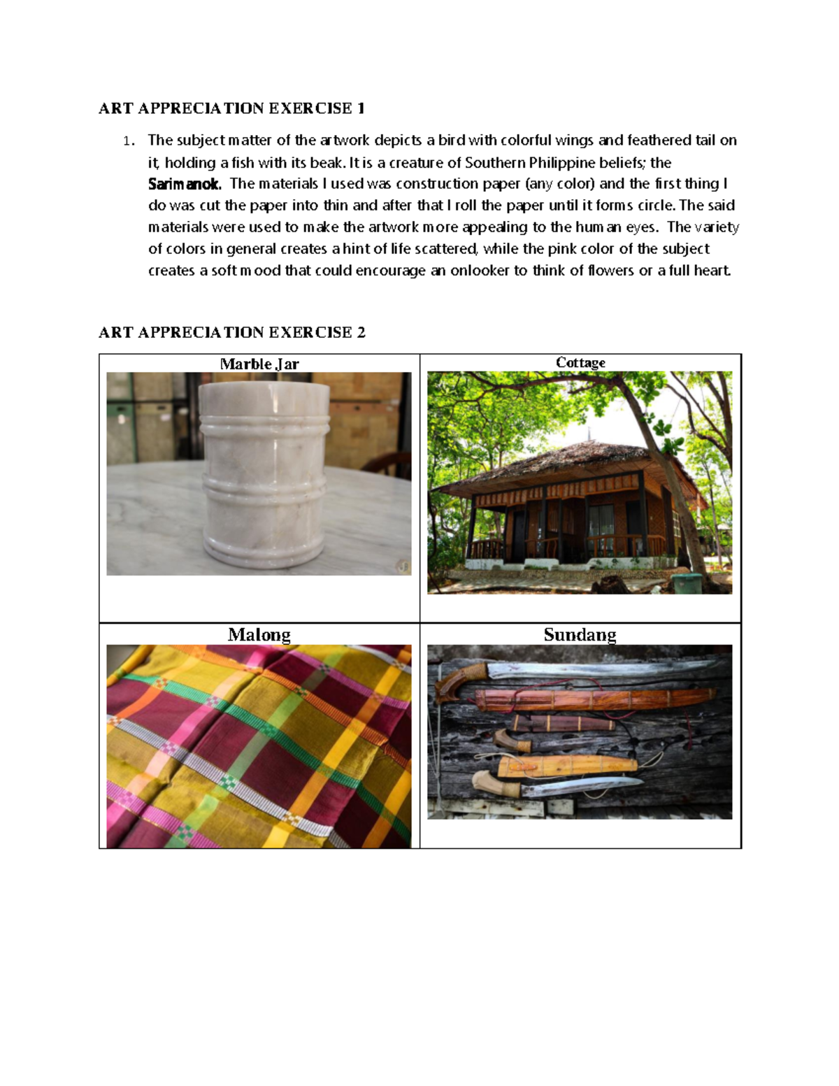 Document-4-2 - hi hope it can help - ART APPRECIATION EXERCISE 1 1. The ...