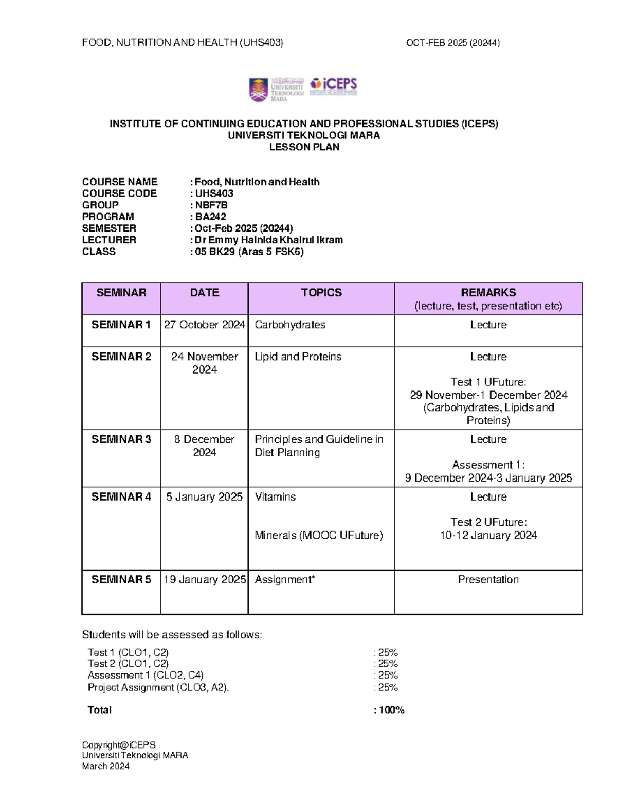 Lesson PLAN FOR SEM October 2024 - FOOD, NUTRITION AND HEALTH (UHS403 ...