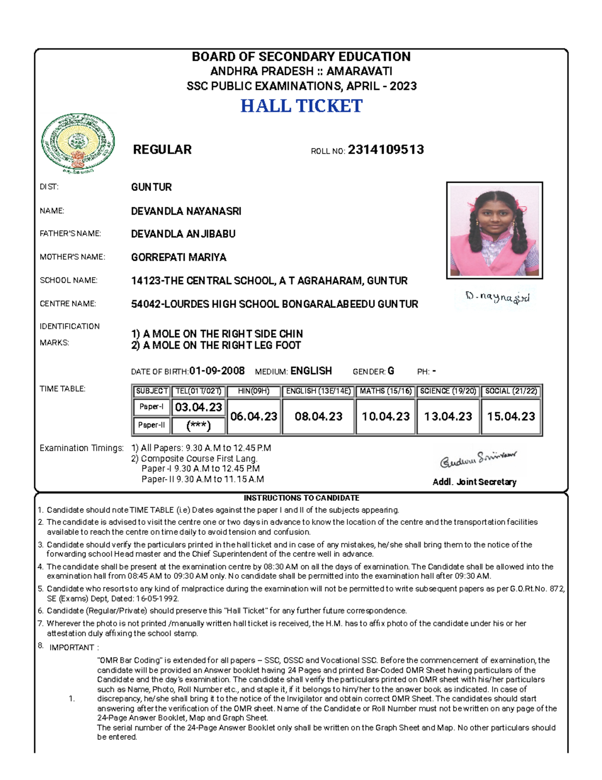 SSC Regular Hallticket - BOARD OF SECONDARY EDUCATION ANDHRA PRADESH ...