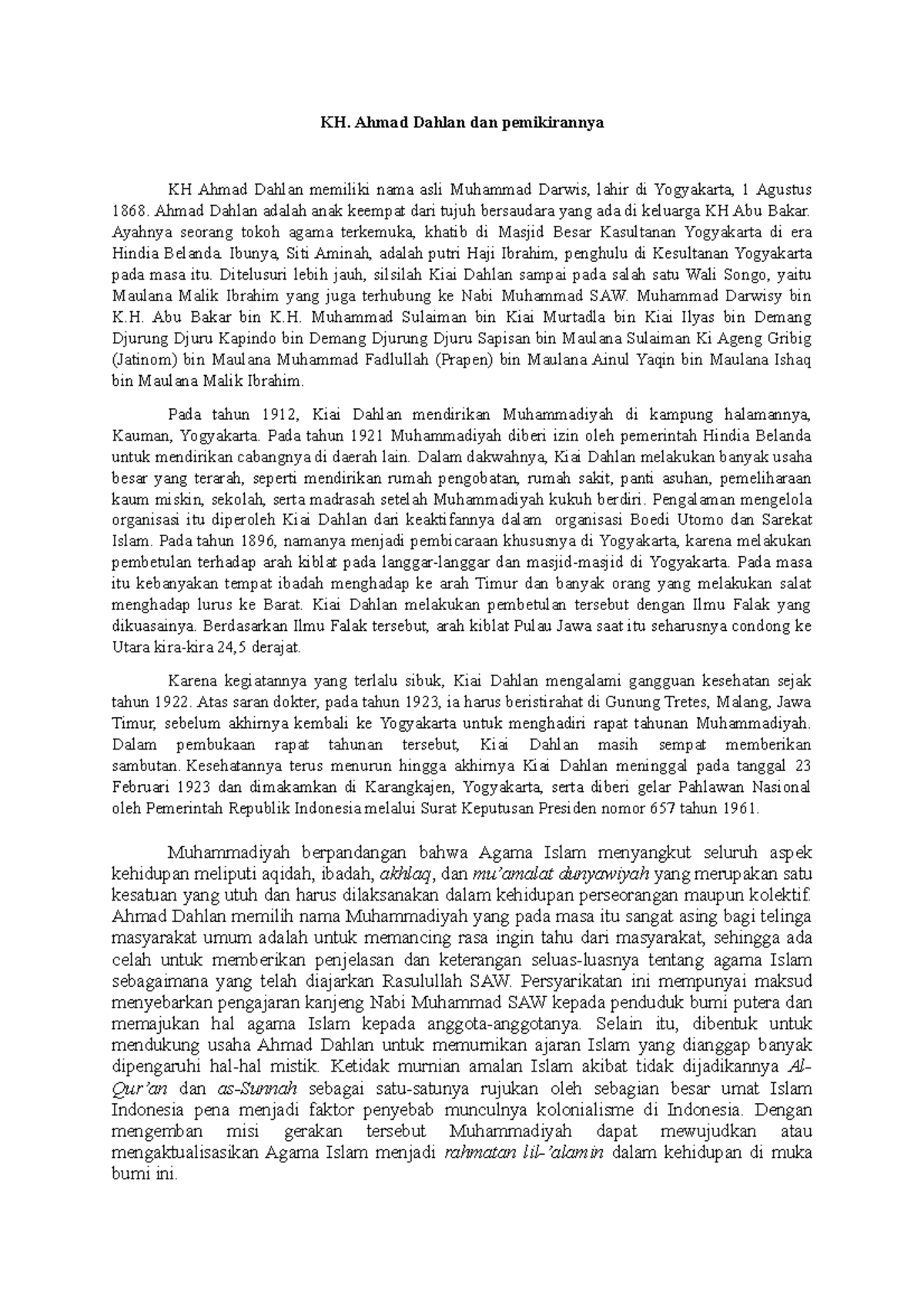 Resume 9 SPI - KH. Ahmad Dahlan dan pemikirannya KH Ahmad Dahlan memiliki nama asli Muhammad ...