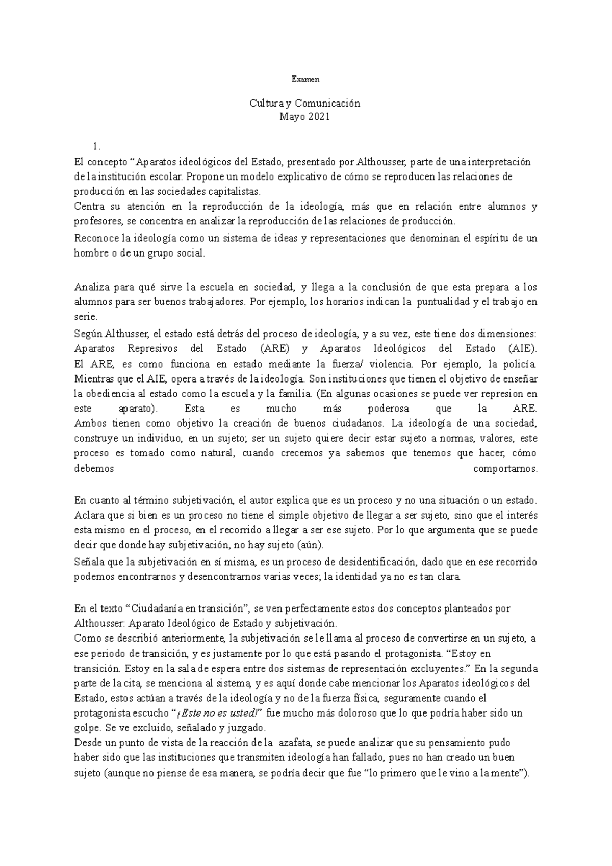 Examen - Cultura y Comuniación. Mayo 2021 - Examen Cultura y ...