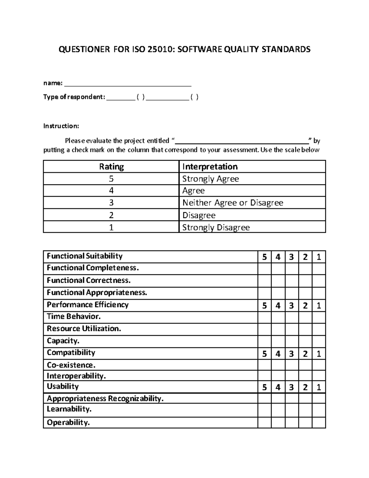 ISO 25010 Software Quality Standards FORM Template - QUESTIONER FOR ISO ...