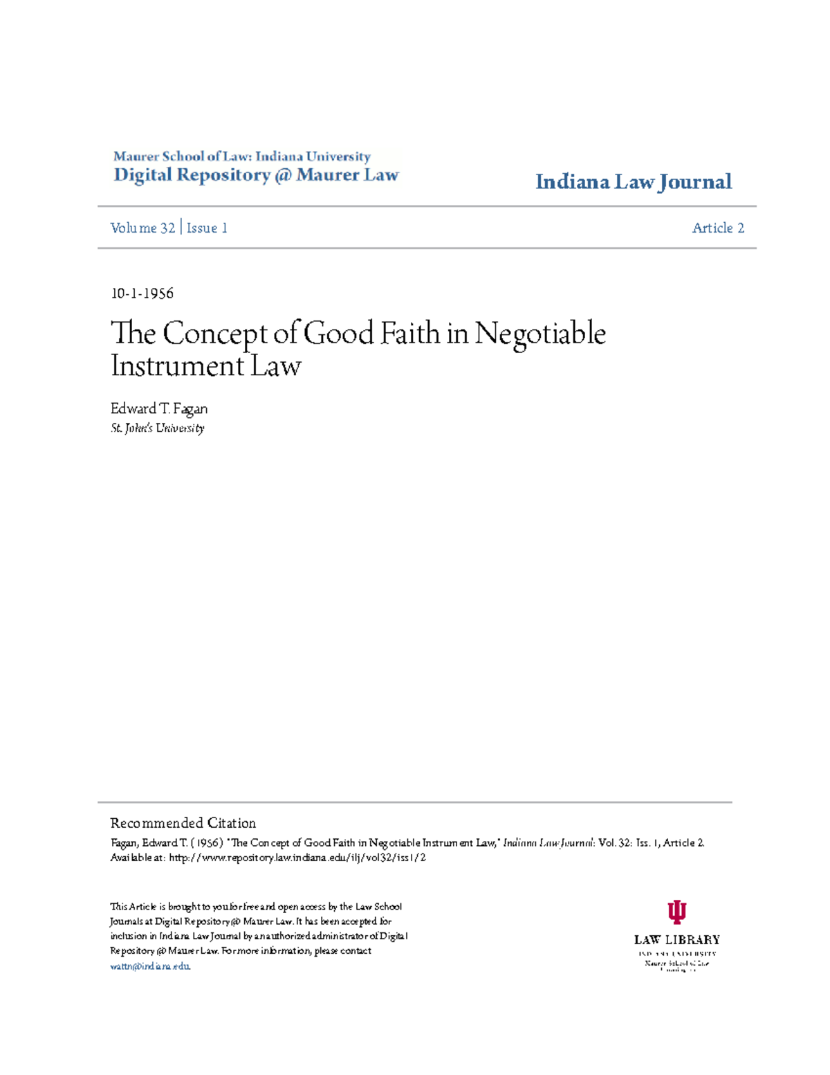 The Concept of Good Faith in Negotiable Instrument Law - Indiana Law ...