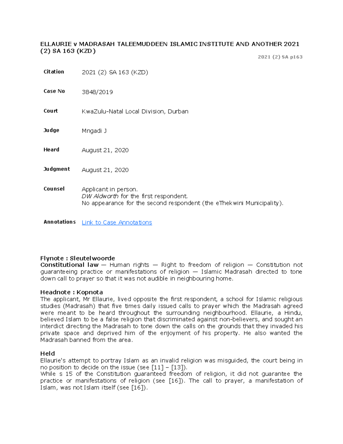 Ellaurie v Madrasah Taleemuddeen Islamic Institute AND Another 2021 ...