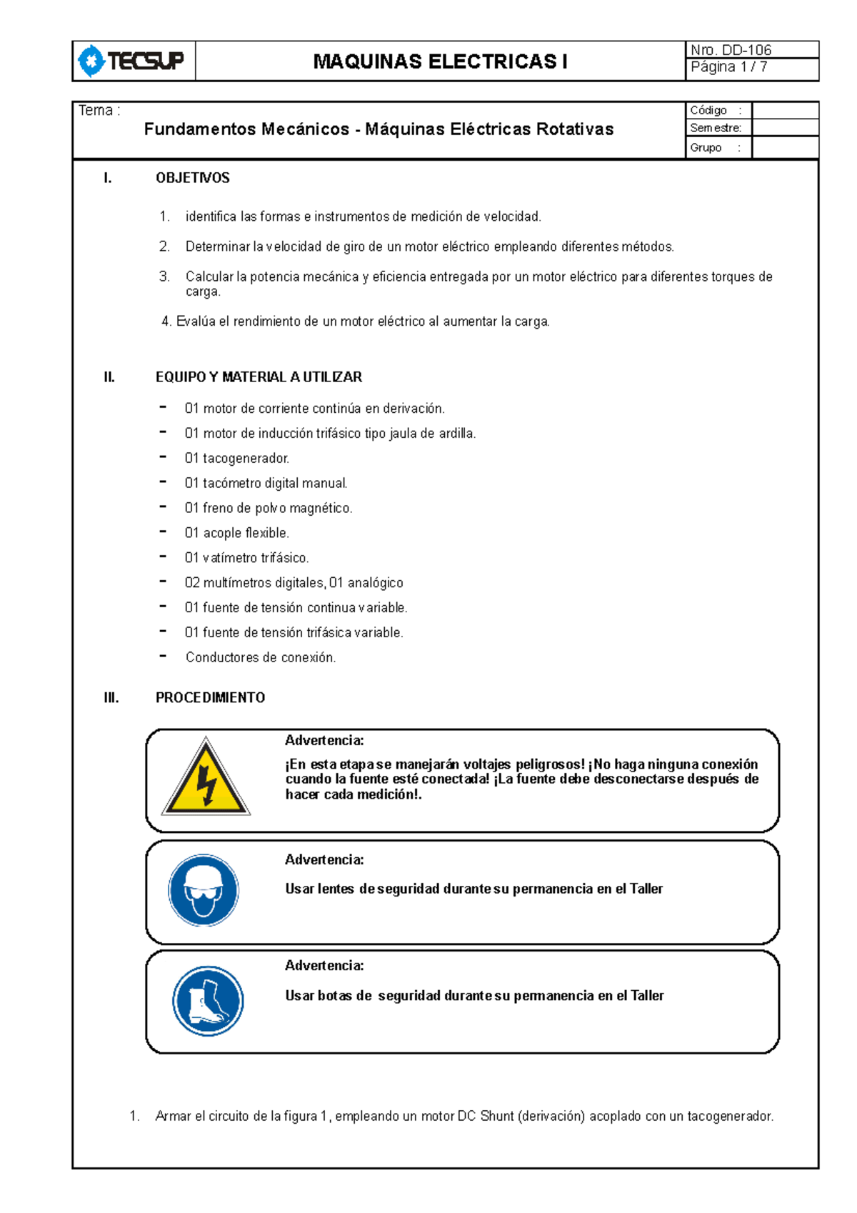 Laboratorio - Tema : Fundamentos Mecánicos - Máquinas Eléctricas Rotativas Código : Semestre ...