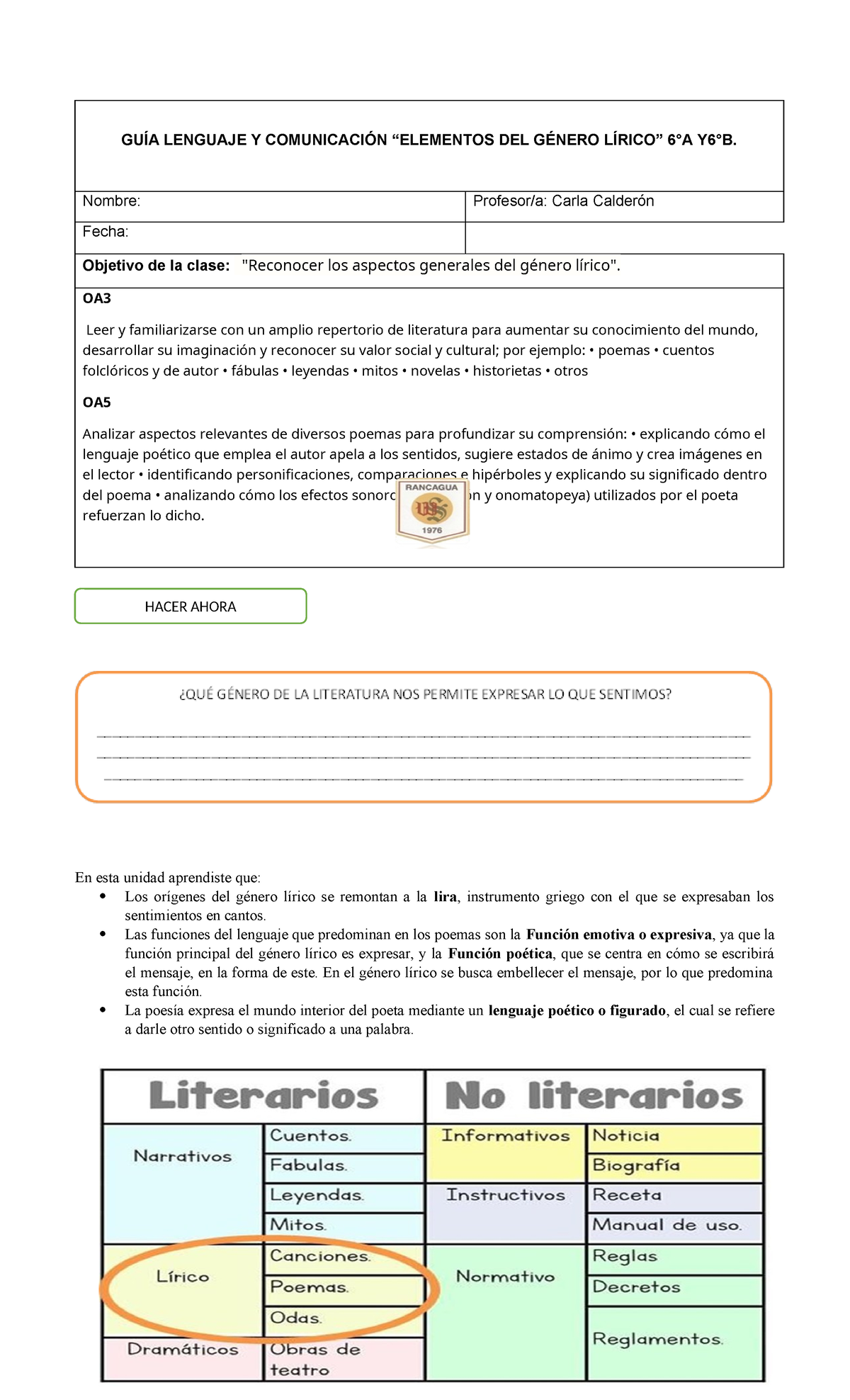 GÚIA Elementos DEL Género Lírico 2 - GUÍA LENGUAJE Y COMUNICACIÓN ...