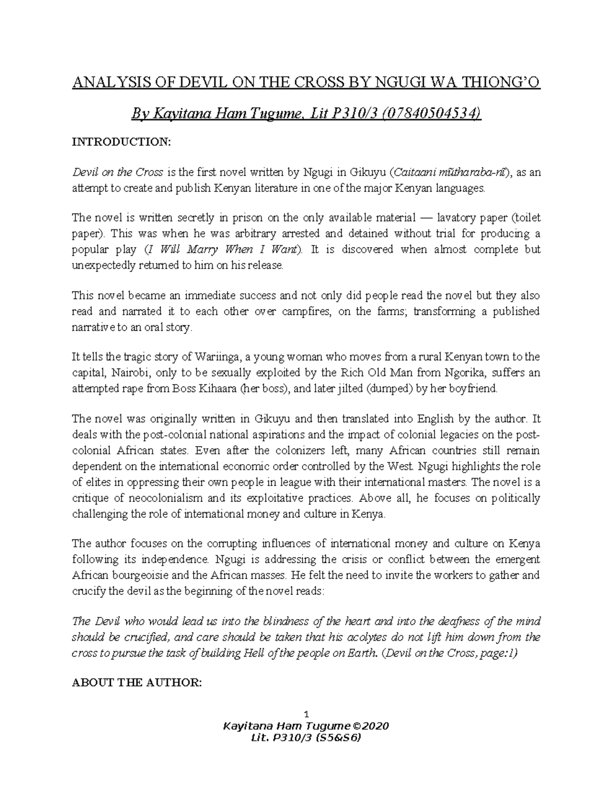 S.6 2020 Literature Analysis of Devil On The Cross by Tr. Ham Tugume ...