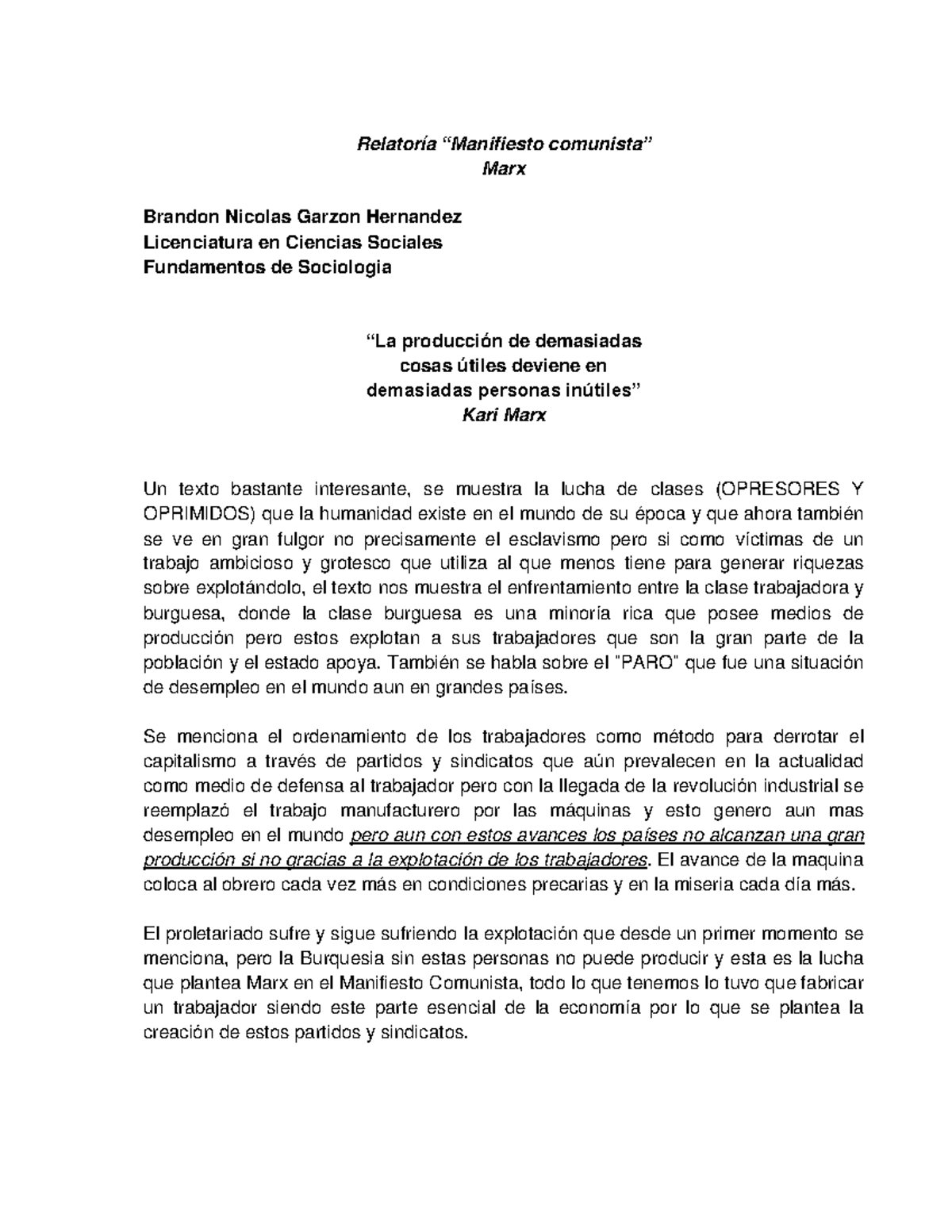 Relatoría Manifiesto Comunista - Relatoría “Manifiesto comunista” Marx ...