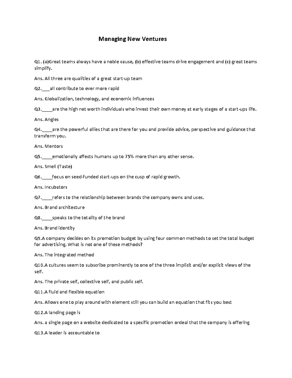 Managing new ventures updated exam file - Managing New Ventures Q1. (a ...