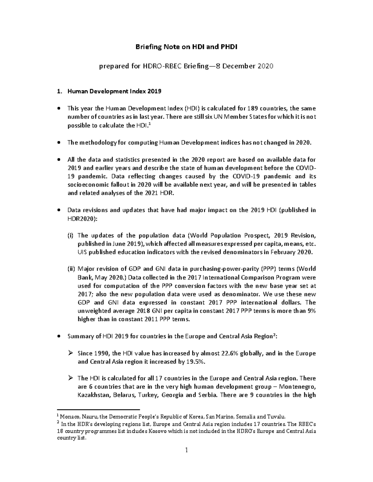 RBEC Briefing Note on HDI and PHDI 2020 - Briefing Note on HDI and PHDI ...